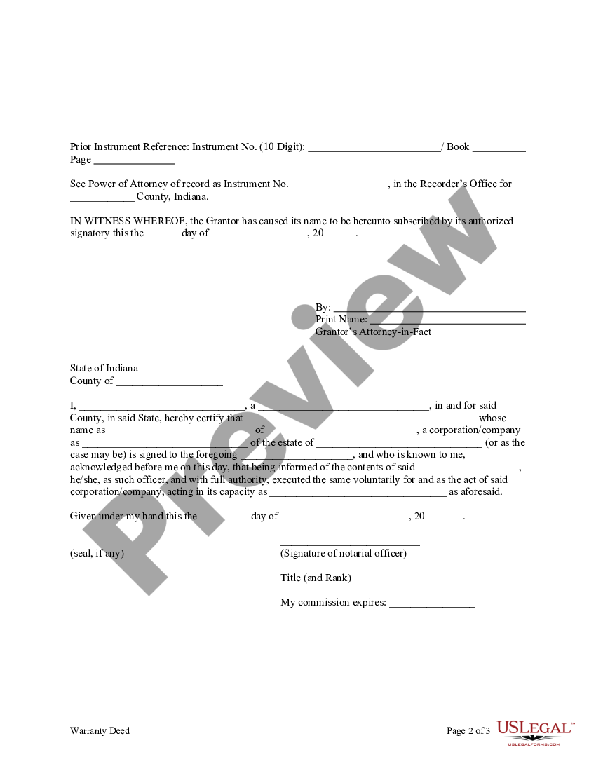 Indiana Warranty Deed - Business Entity Grantor by Attorney-in ... Indiana Warranty Deed - Business Entity Grantor by Attorney-in ...