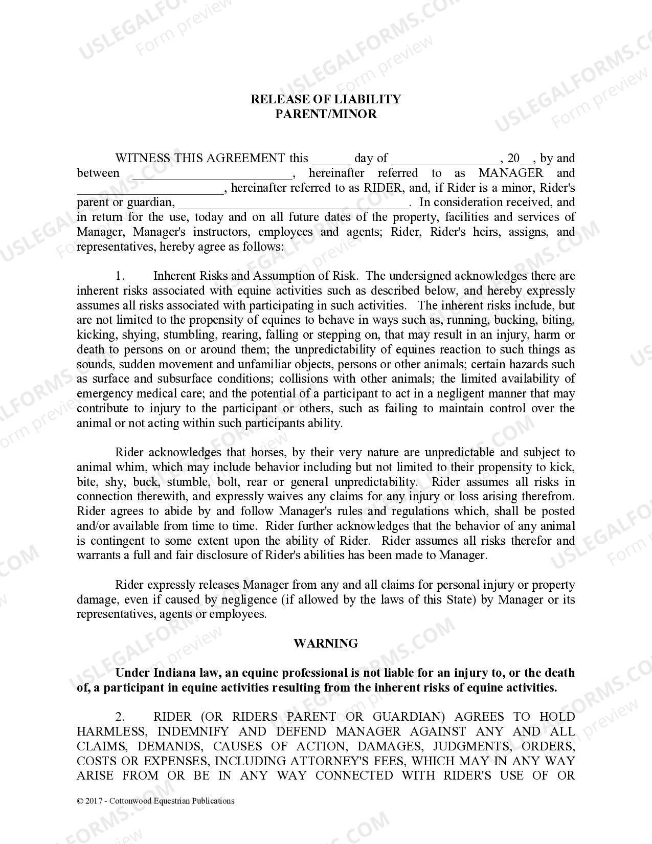 Indiana Release of Liability Parent Minor - Horse Equine Forms | US ...