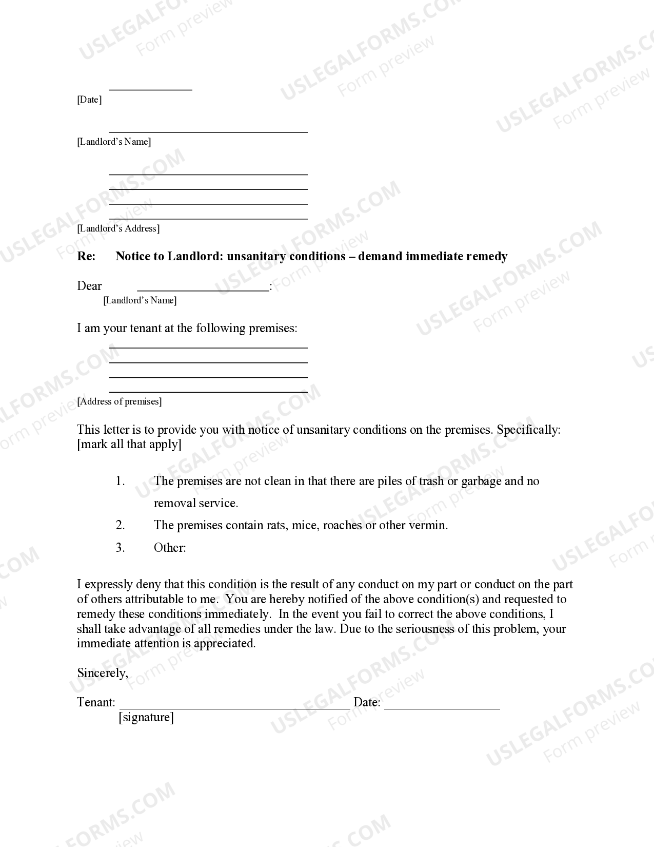 Indiana Letter from Tenant to Landlord with Demand that landlord remove ...