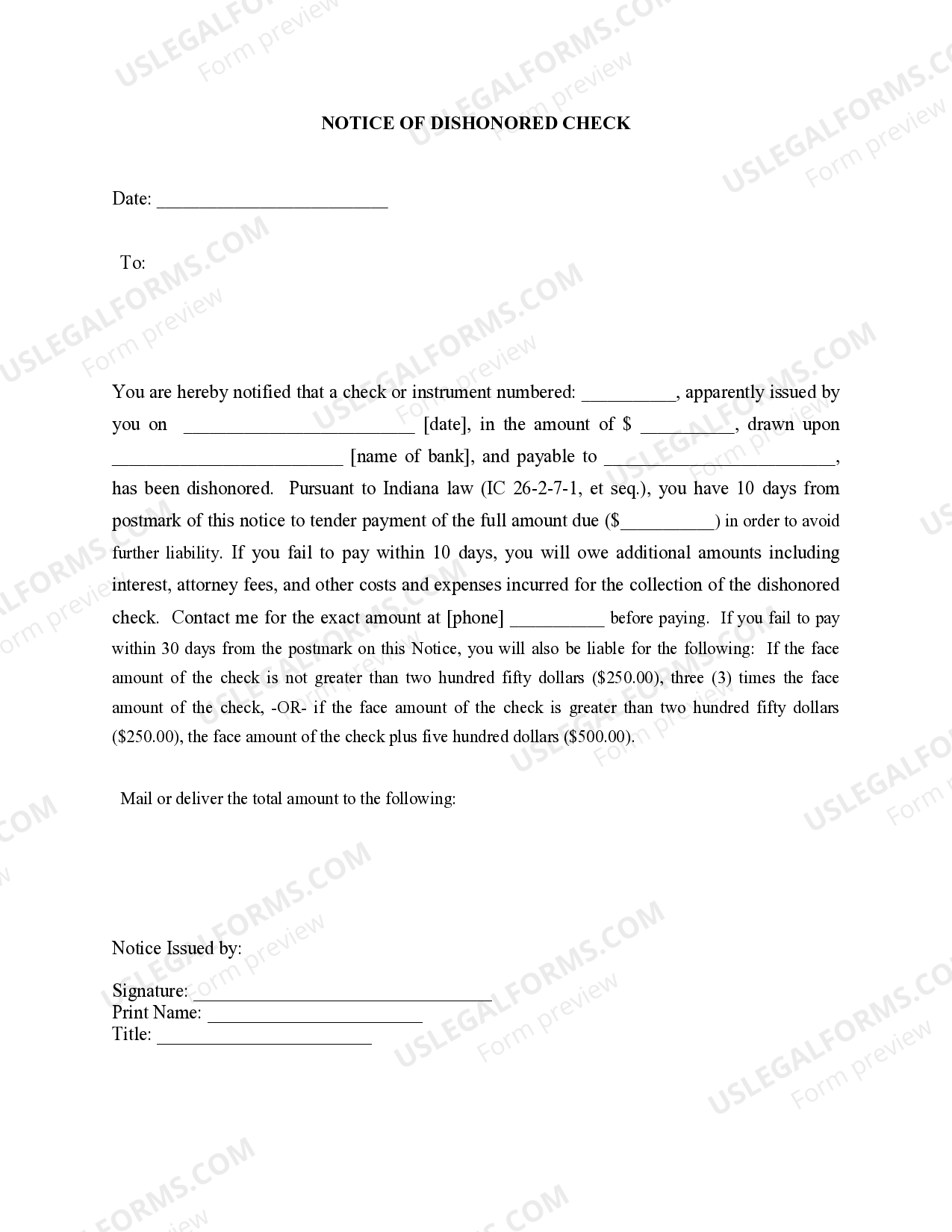 Indiana Notice of Dishonored Check - Civil - Keywords: bad check - How ...