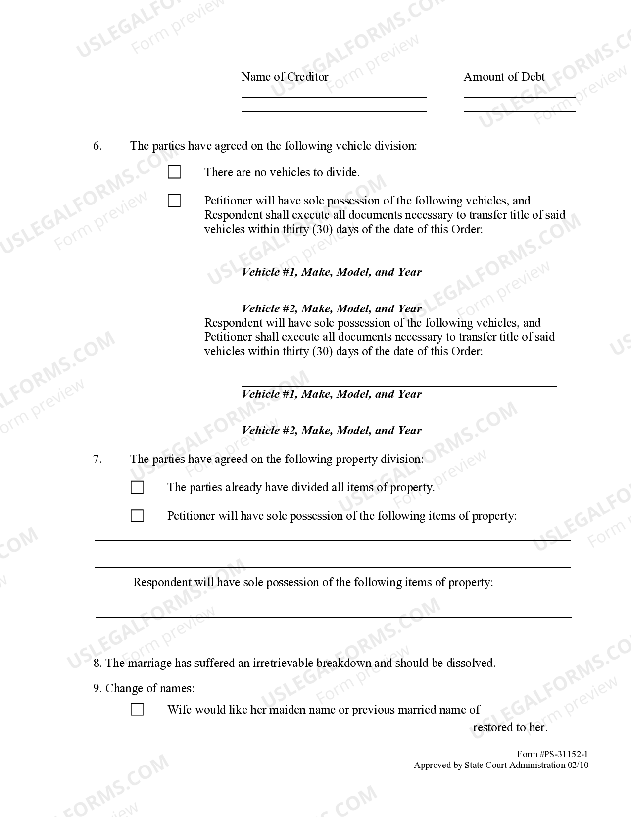 Indiana Decree of Dissolution of Marriage and Settlement Agreement with ...