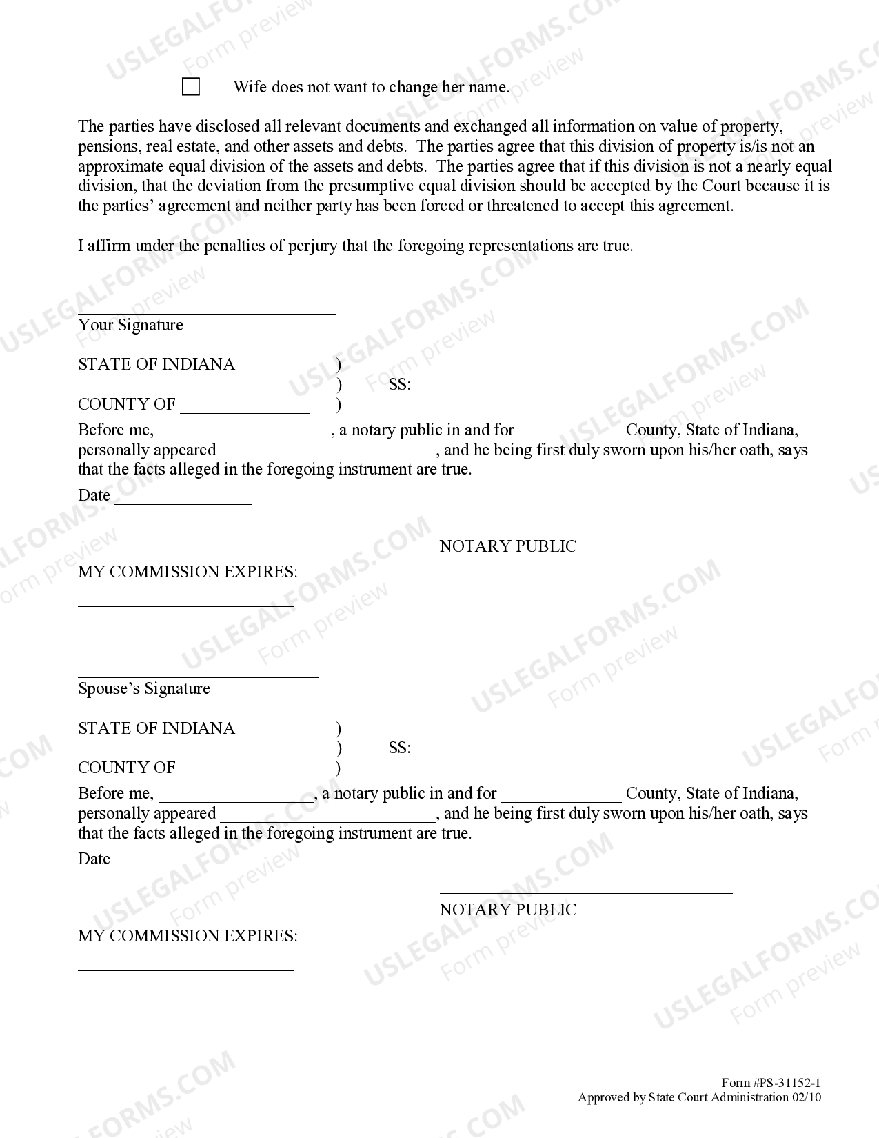 Indiana Decree of Dissolution of Marriage and Settlement Agreement with ...