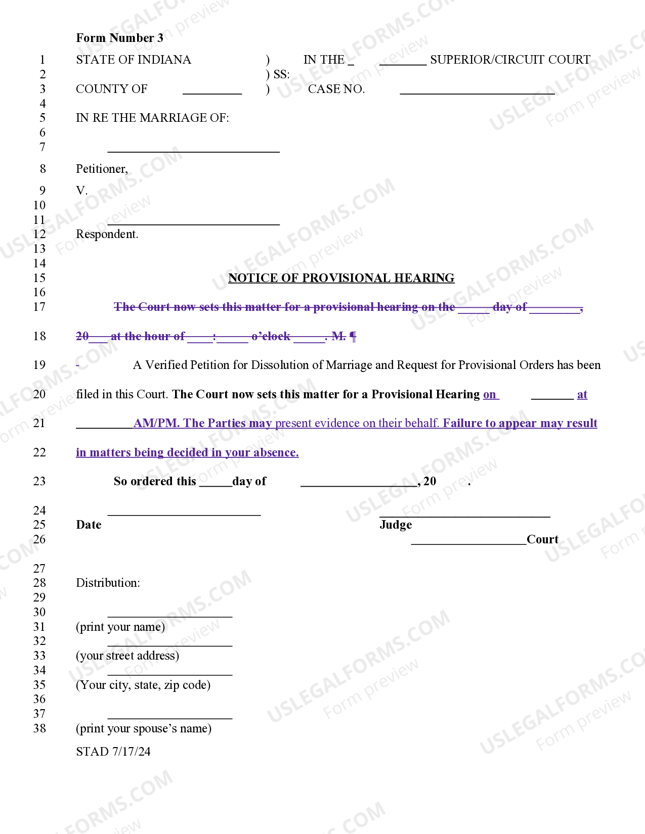 Indiana Notice of Provisional Hearing - Petition For Provisional Forms ...