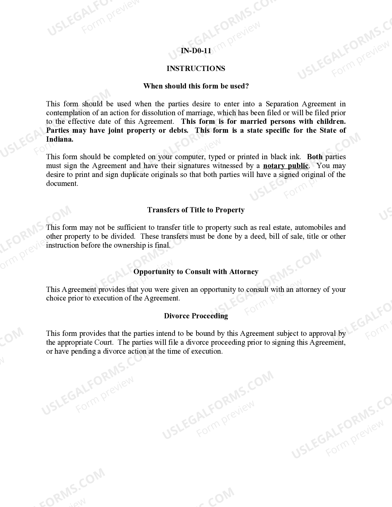 Indiana Separation Agreement With Child Template | US Legal Forms