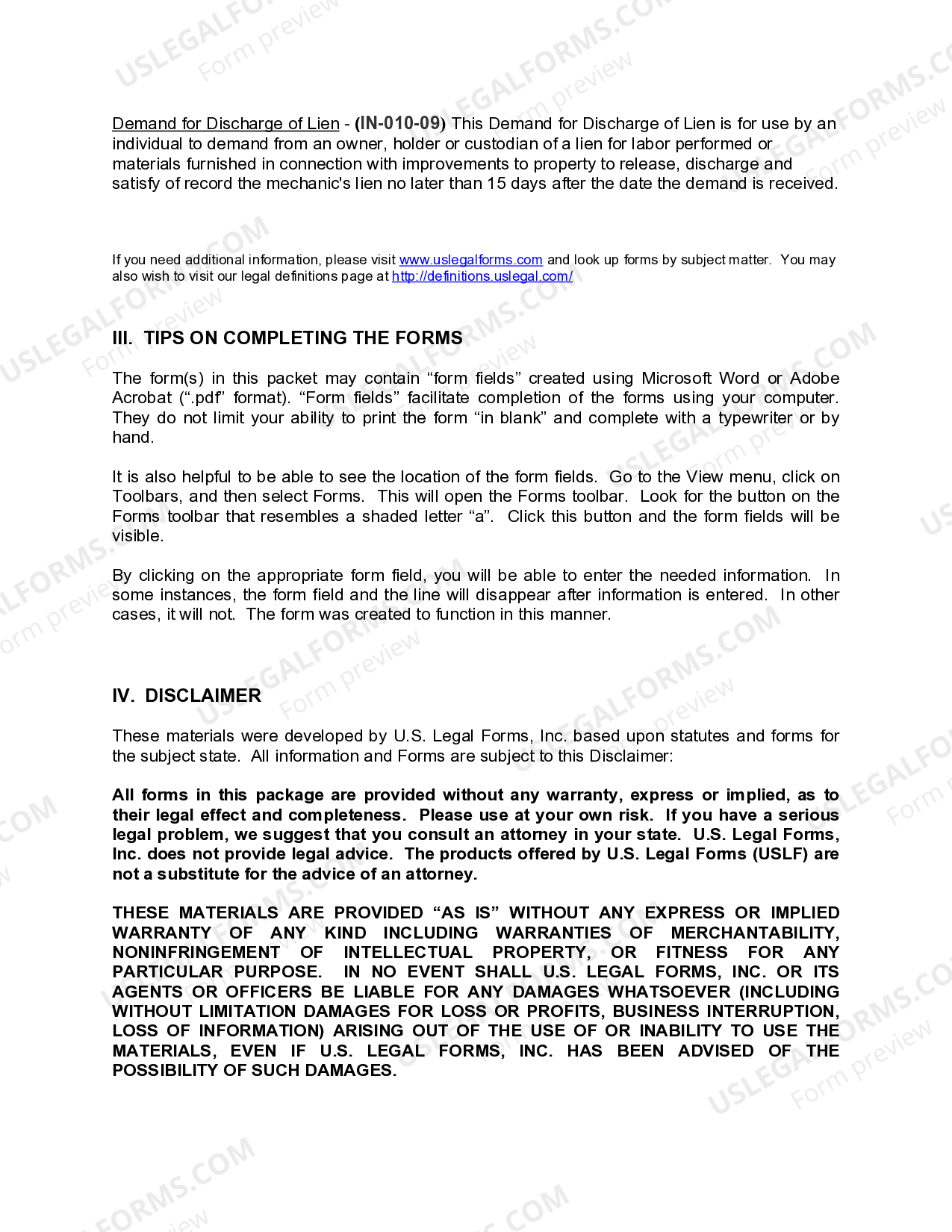 Indiana Construction or Mechanics Lien Package - Individual - Mechanics ...