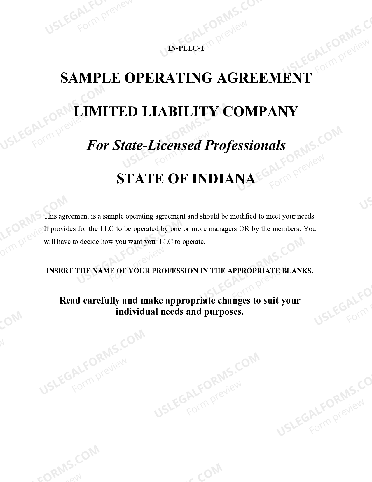 Indiana Sample Operating Agreement for Professional Limited Liability ...