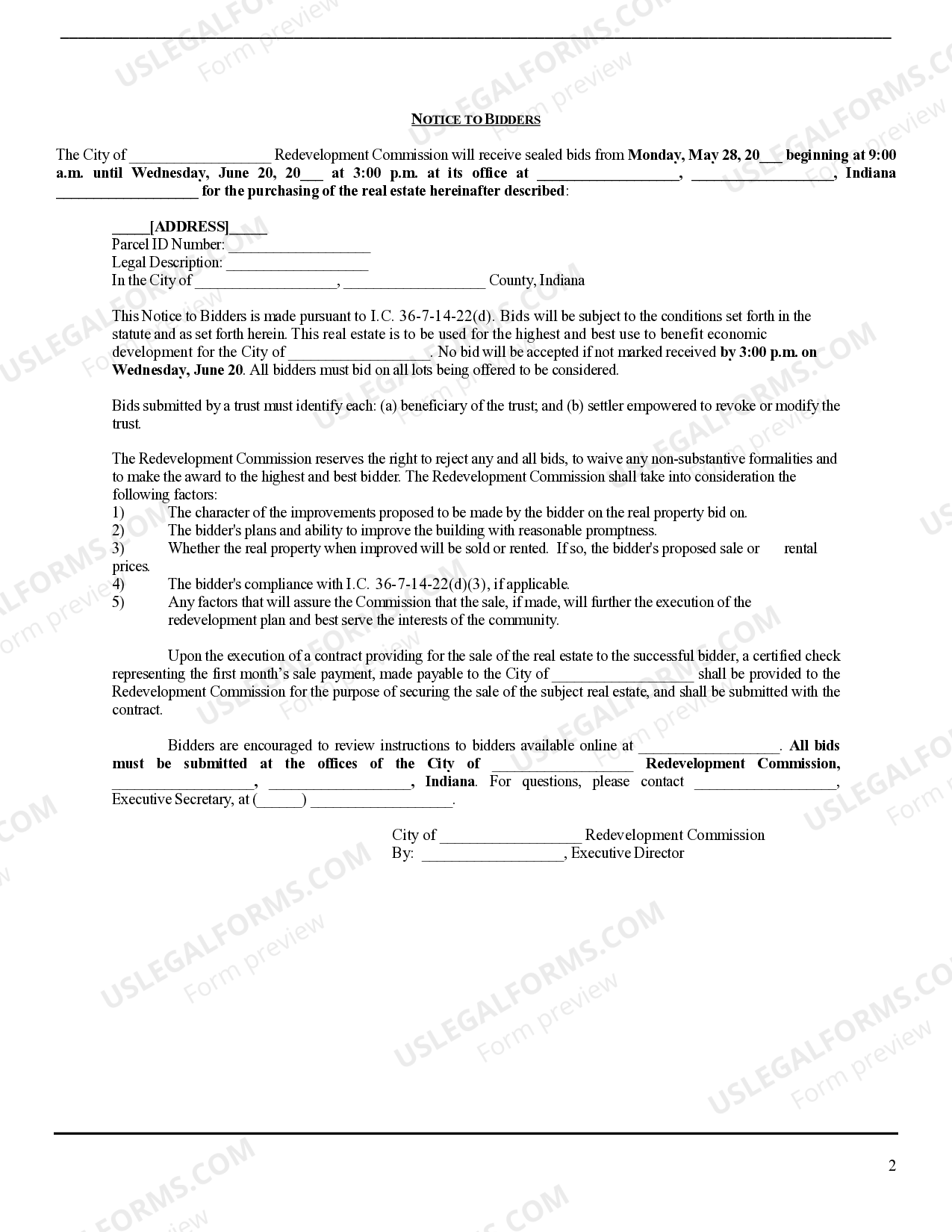 Indiana Redevelopment Commission Process for Bidders on Real Property ...