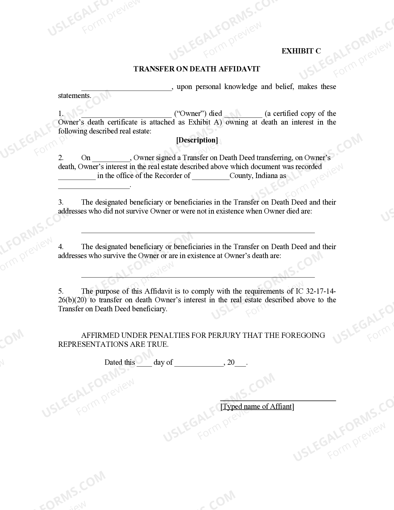Indiana Transfer on Death Affidavit | US Legal Forms
