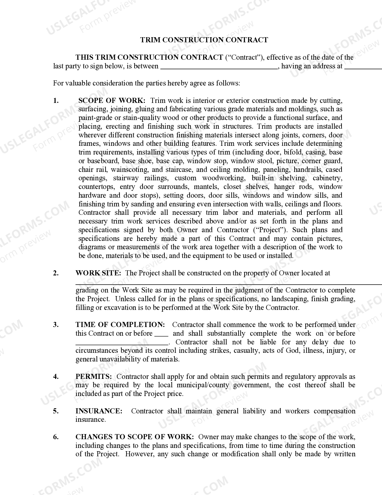 Kansas Trim Carpenter Contract for Contractor | US Legal Forms