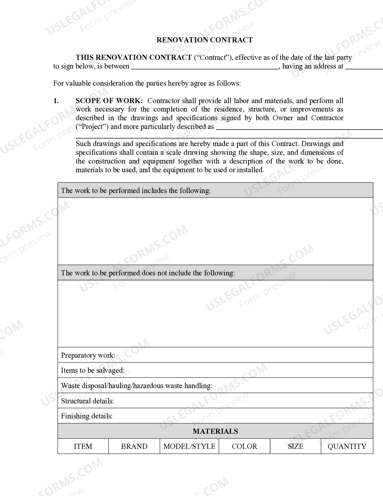 Kansas Renovation Contract for Contractor - Renovation Form | US Legal ...