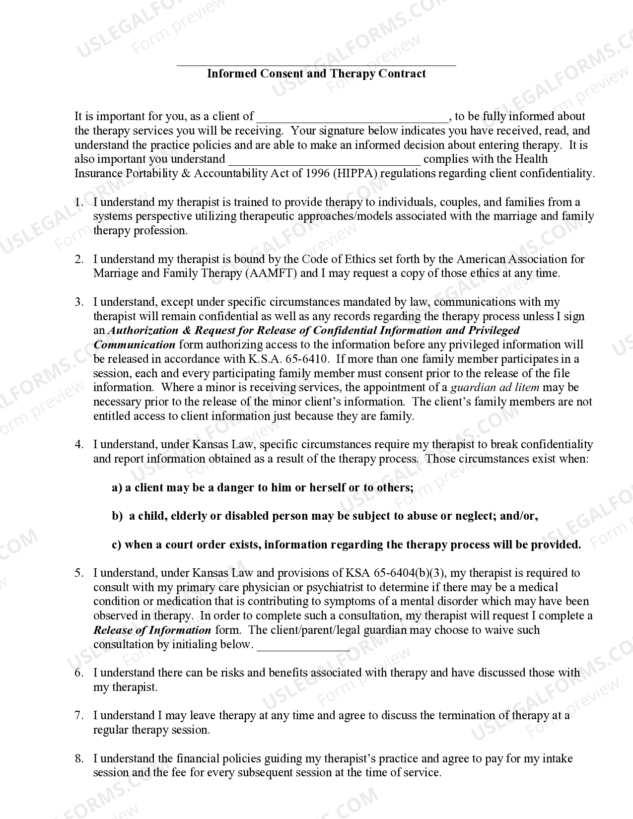 Kansas Informed Consent Form for Family and Marriage Therapy | US Legal ...