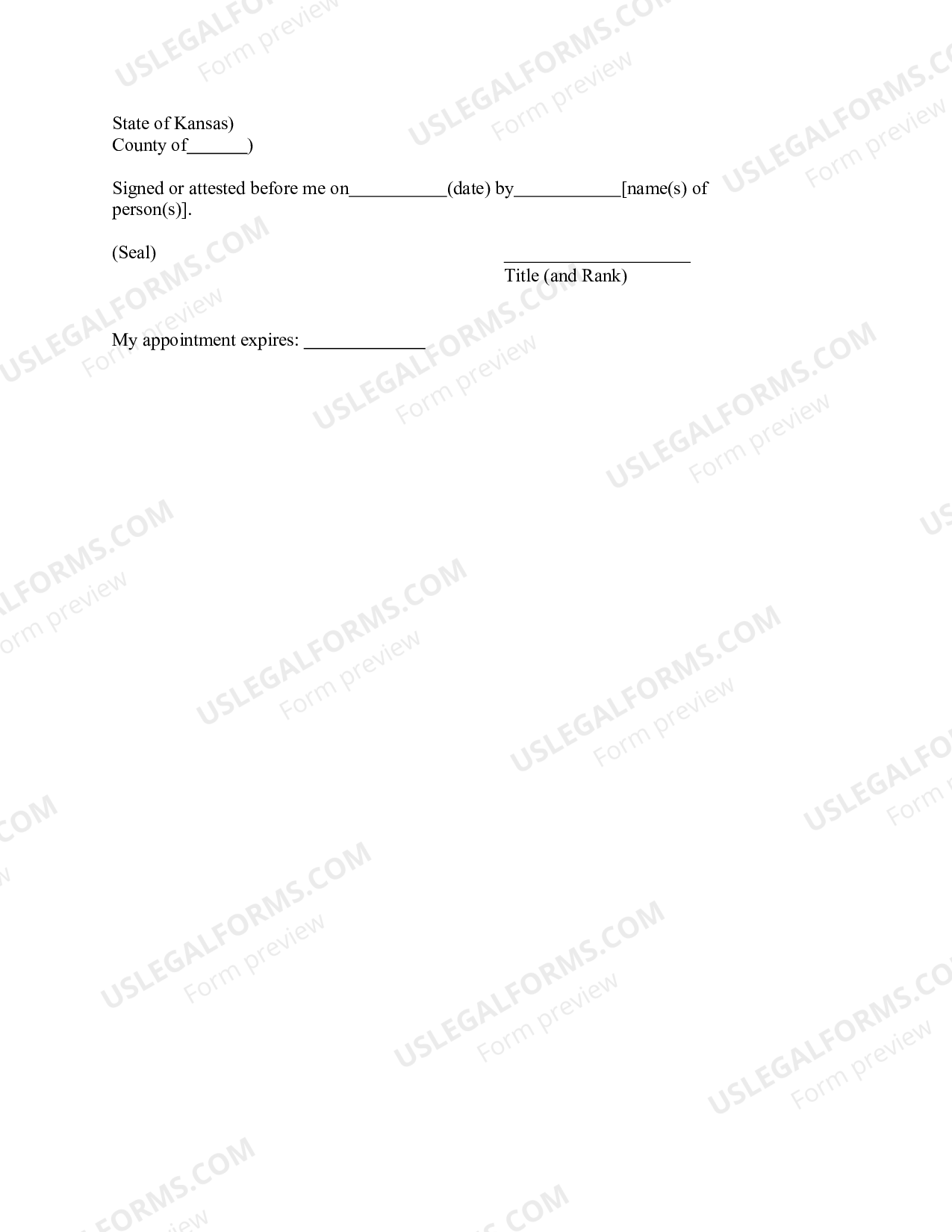 Kansas Acknowledgment for witness or attesting a signature | US Legal Forms