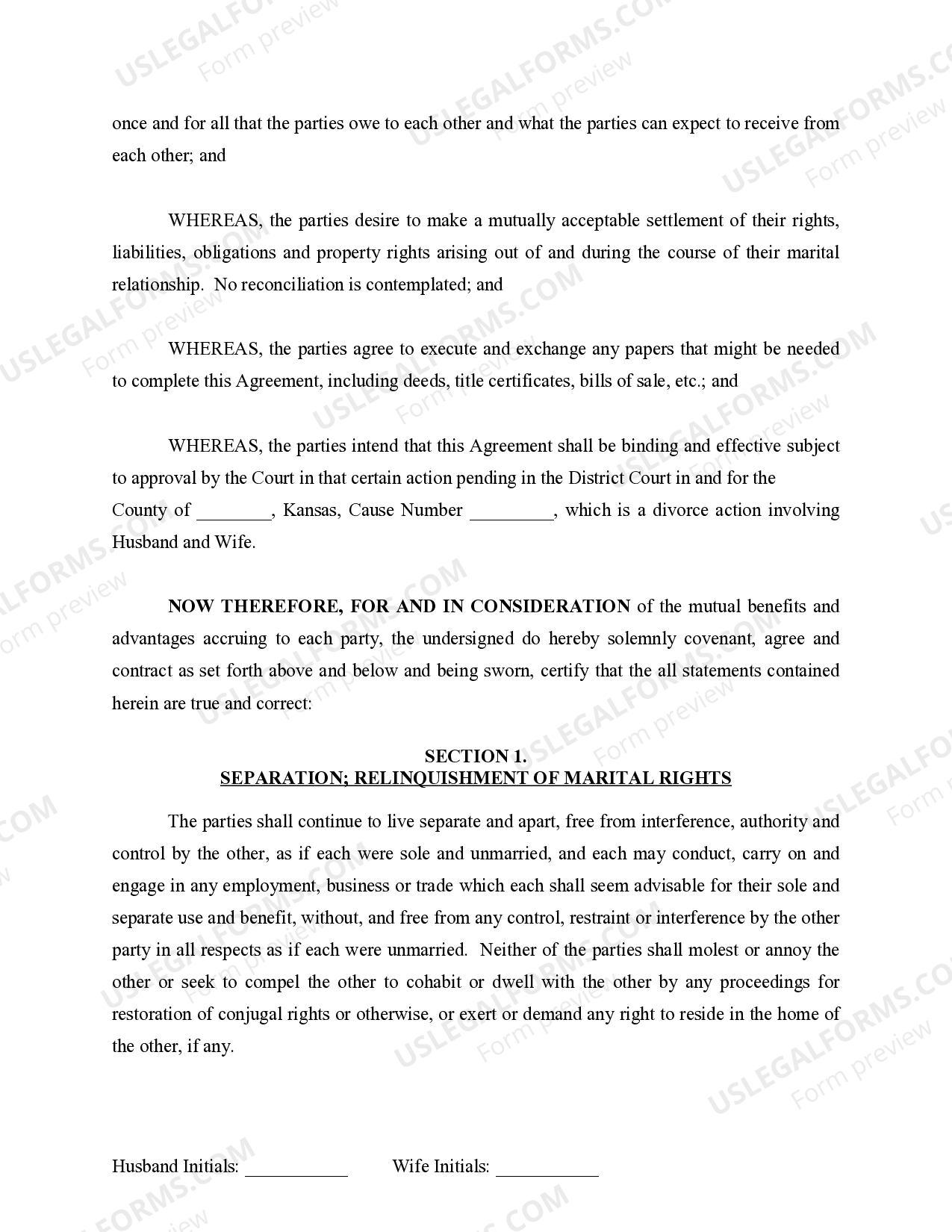 Kansas Marital Legal Separation and Property Settlement Agreement for ...