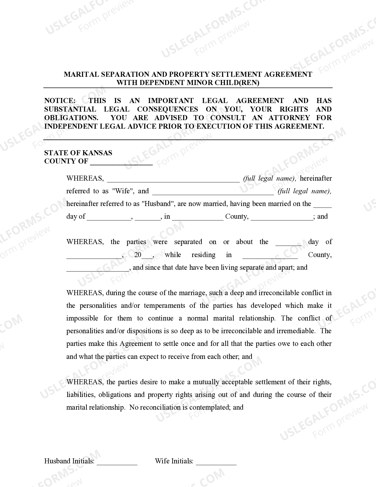 Kansas Marital Legal Separation and Property Settlement Agreement Minor ...
