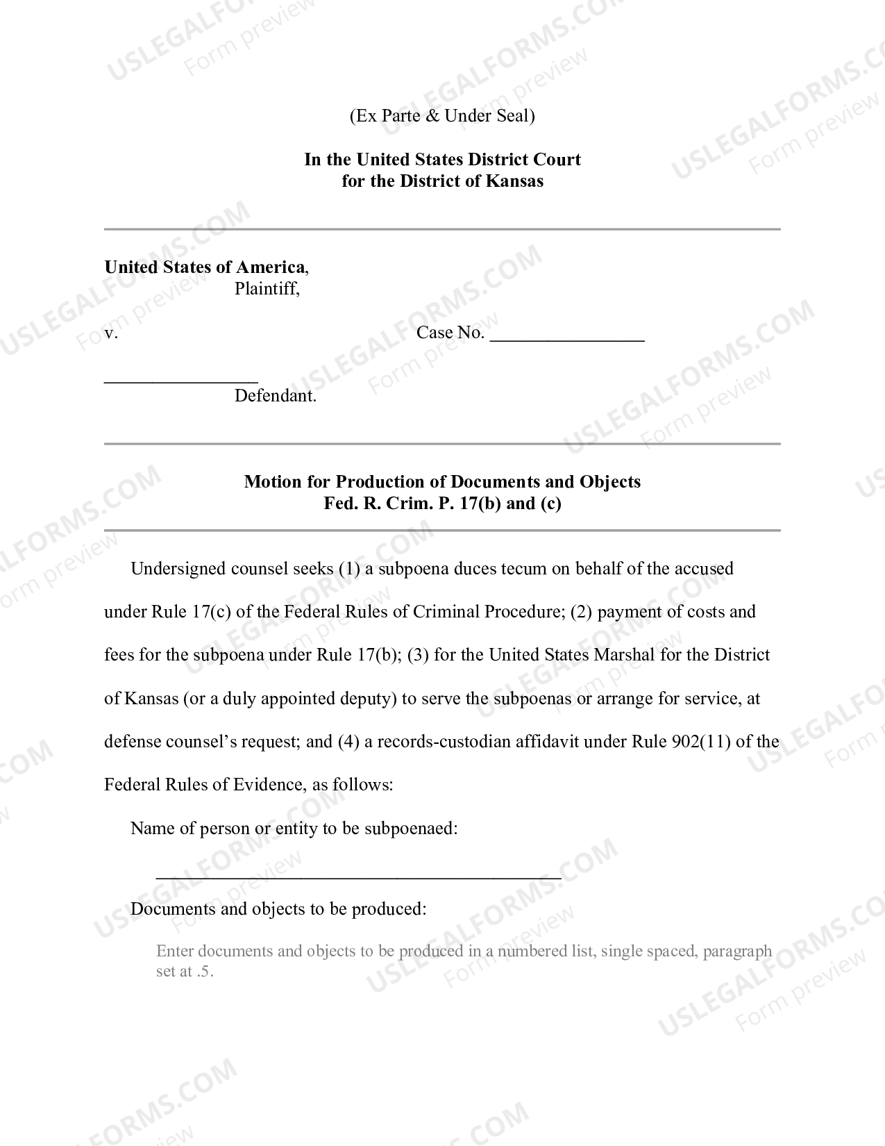 Kansas Motion for Productiion of Documents and Objects | US Legal Forms