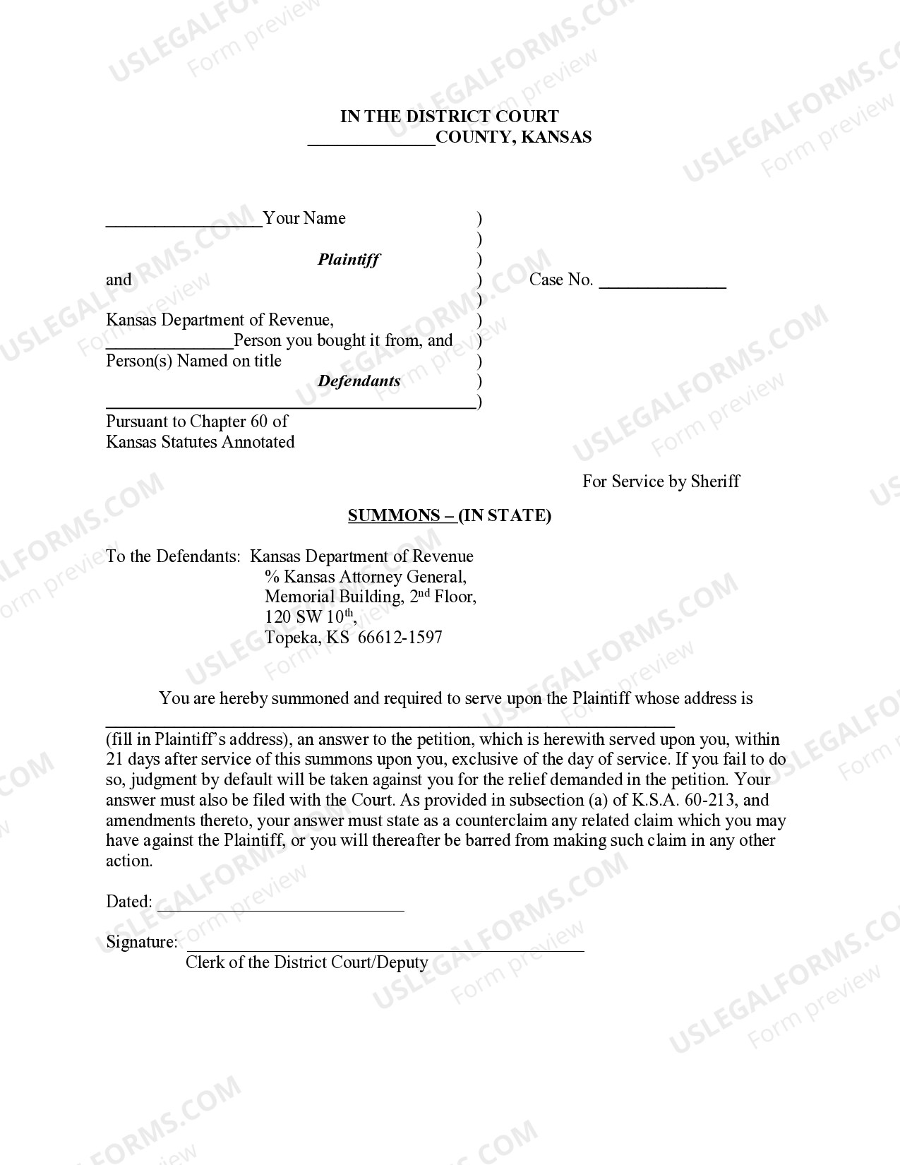 Kansas Summons- In State | US Legal Forms