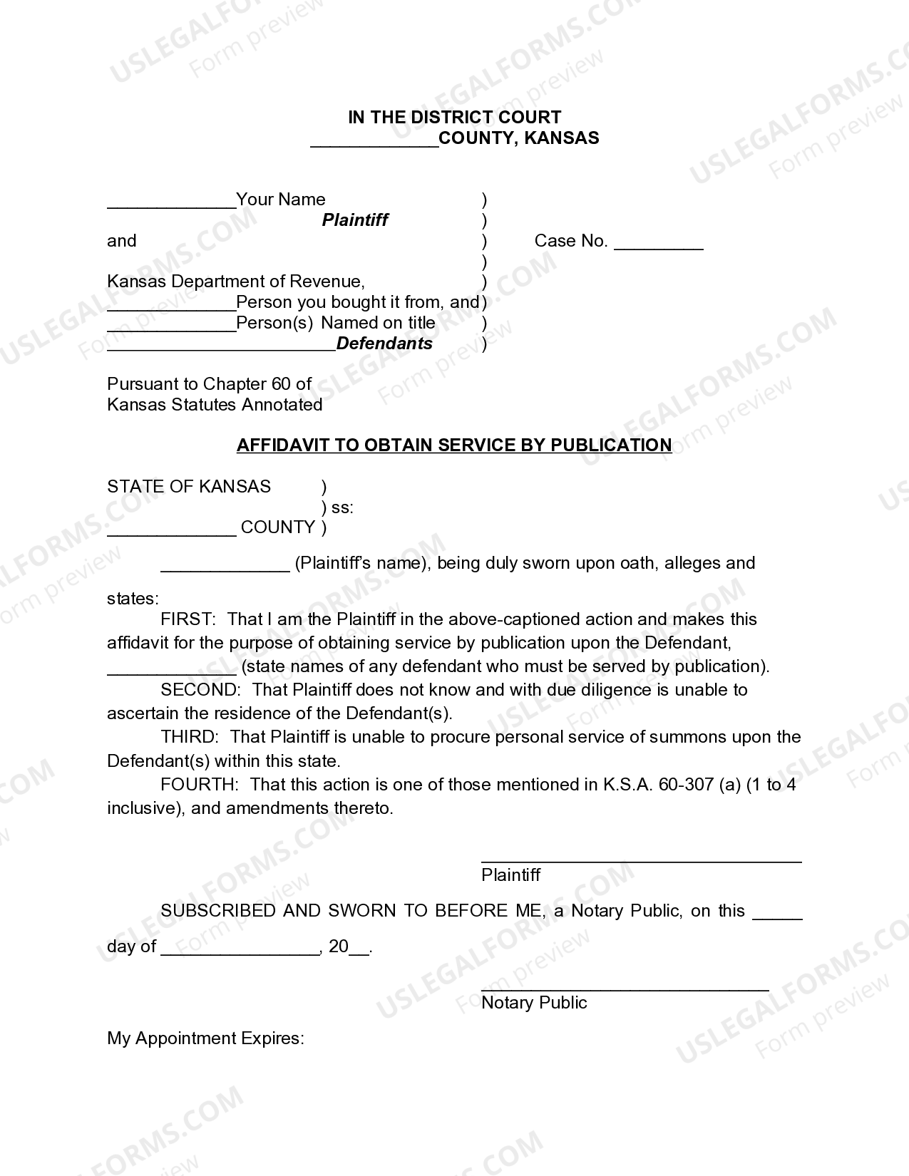 Kansas Affidavit to Obtain Service by Publication | US Legal Forms