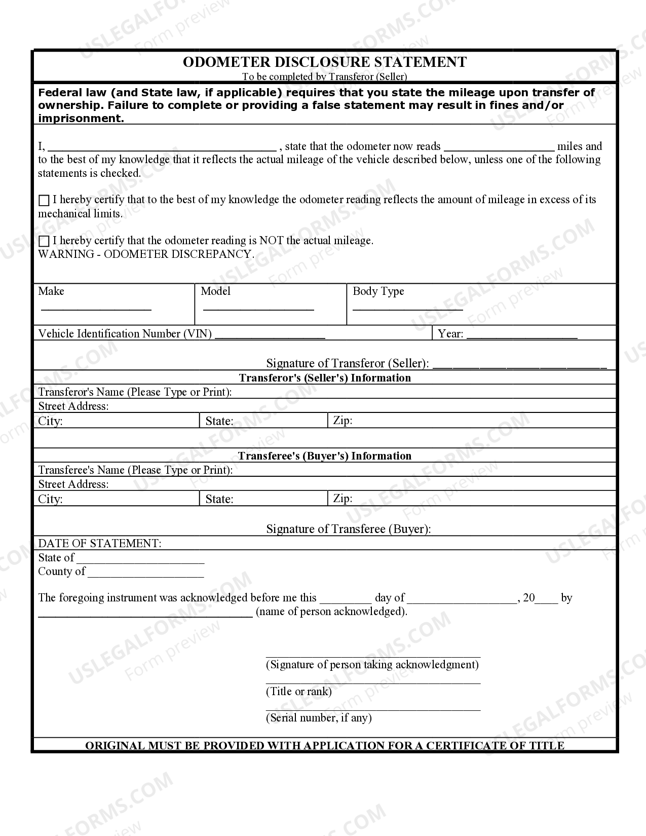 Kentucky Bill of Sale of Automobile and Odometer Statement - Bill Of ...