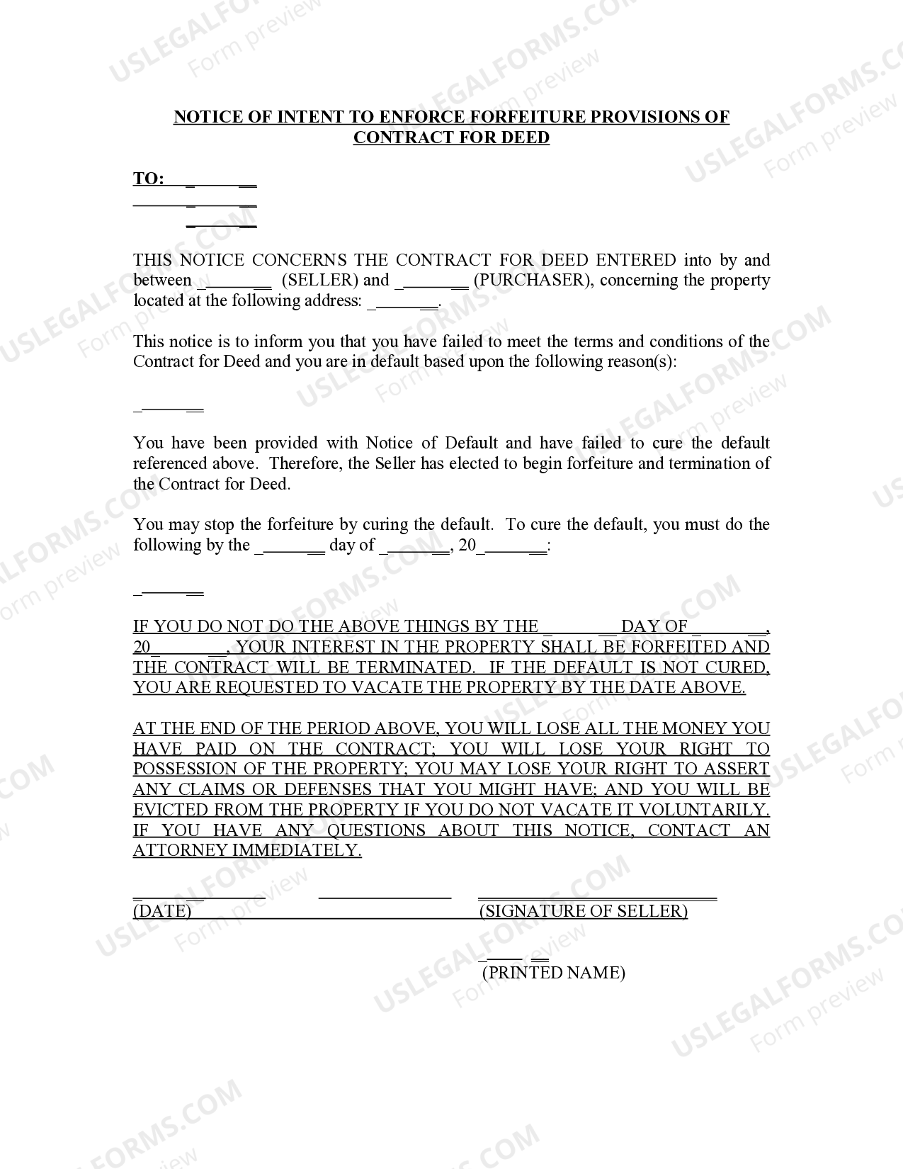 Kentucky Notice of Intent to Enforce Forfeiture Provisions of Contact ...