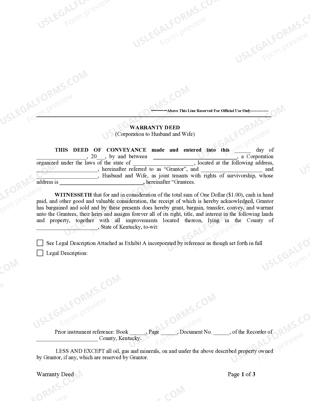 Kentucky Warranty Deed from Corporation to Husband and Wife | US Legal ...