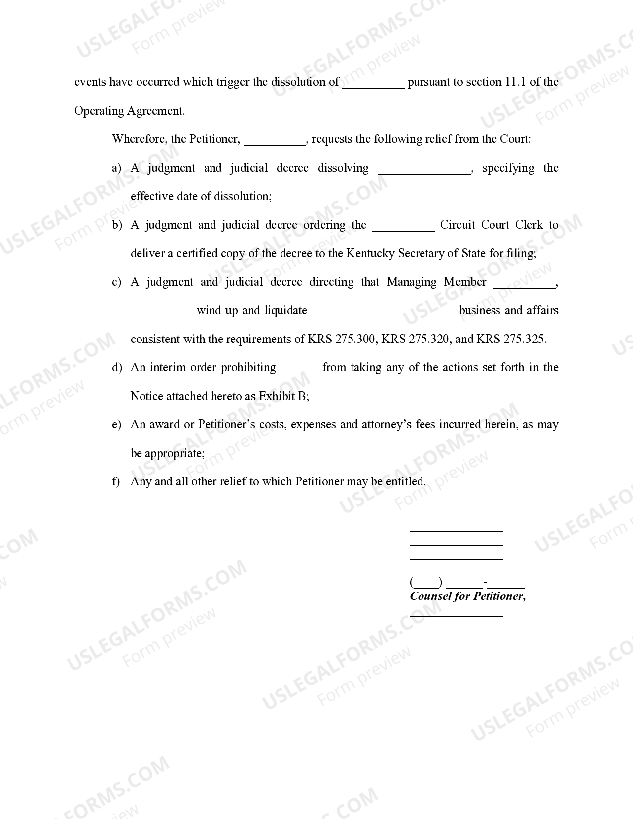 Kentucky Petition For Judicial Dissolution | US Legal Forms