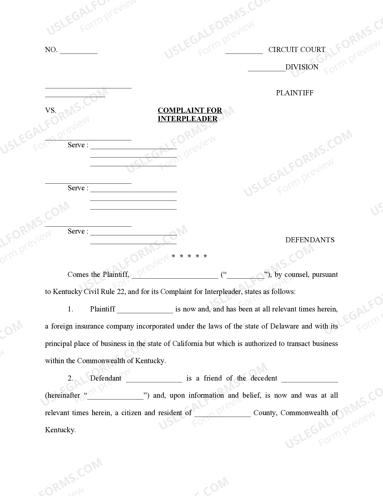 Kentucky Complaint for Interpleader | US Legal Forms
