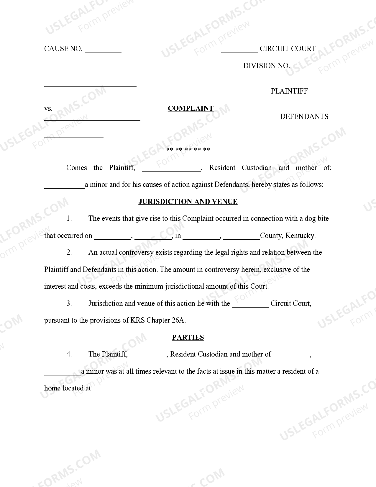 Kentucky Complaint- Dog Bite | US Legal Forms