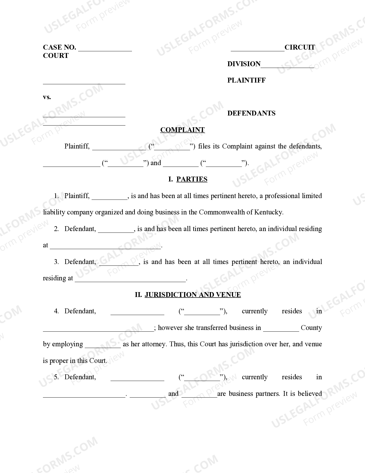 Kentucky Complaint- Breach of Contract | US Legal Forms