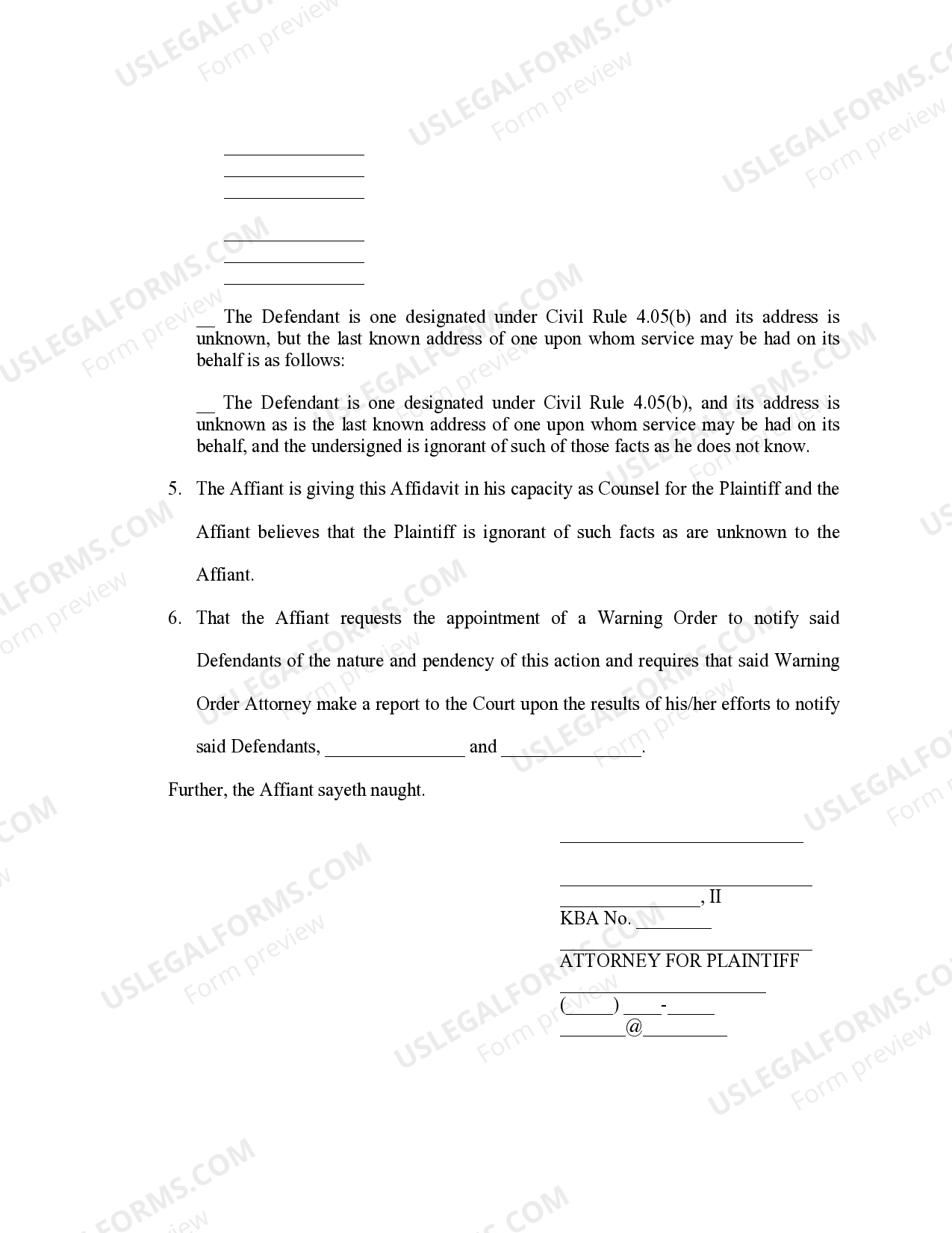 Kentucky Affidavit for Appointment of Warning Order Attorney - Warning ...