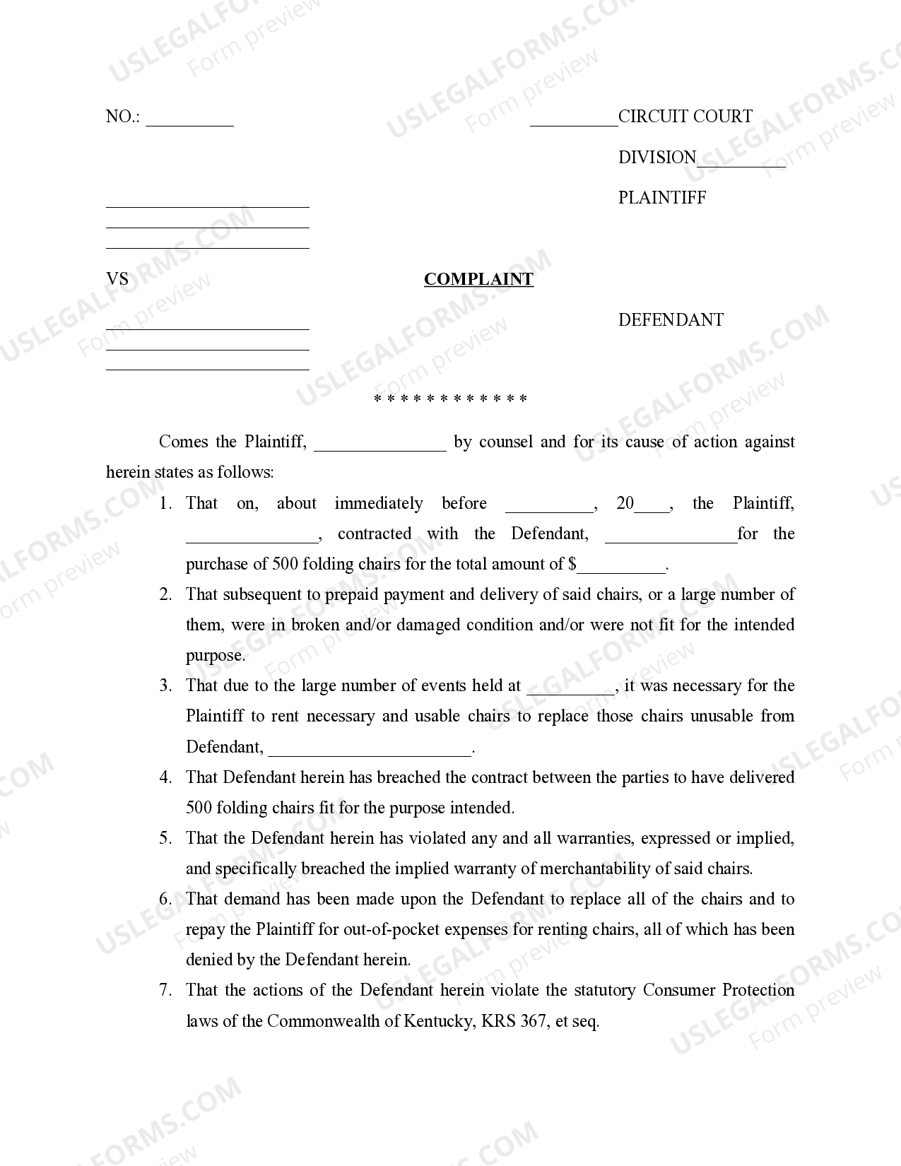 Kentucky Complaint - Temporary Restraining Order | US Legal Forms
