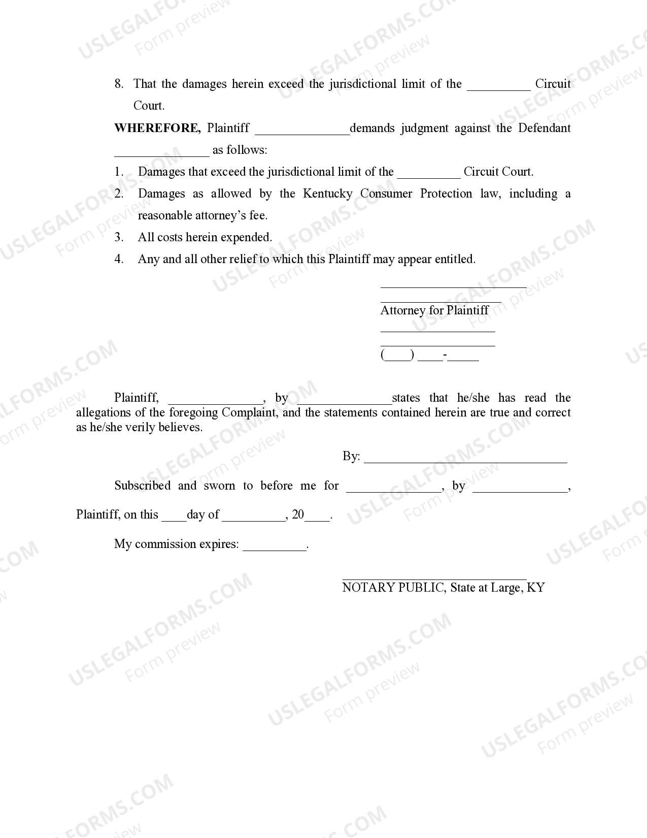 Kentucky Complaint - Temporary Restraining Order | US Legal Forms