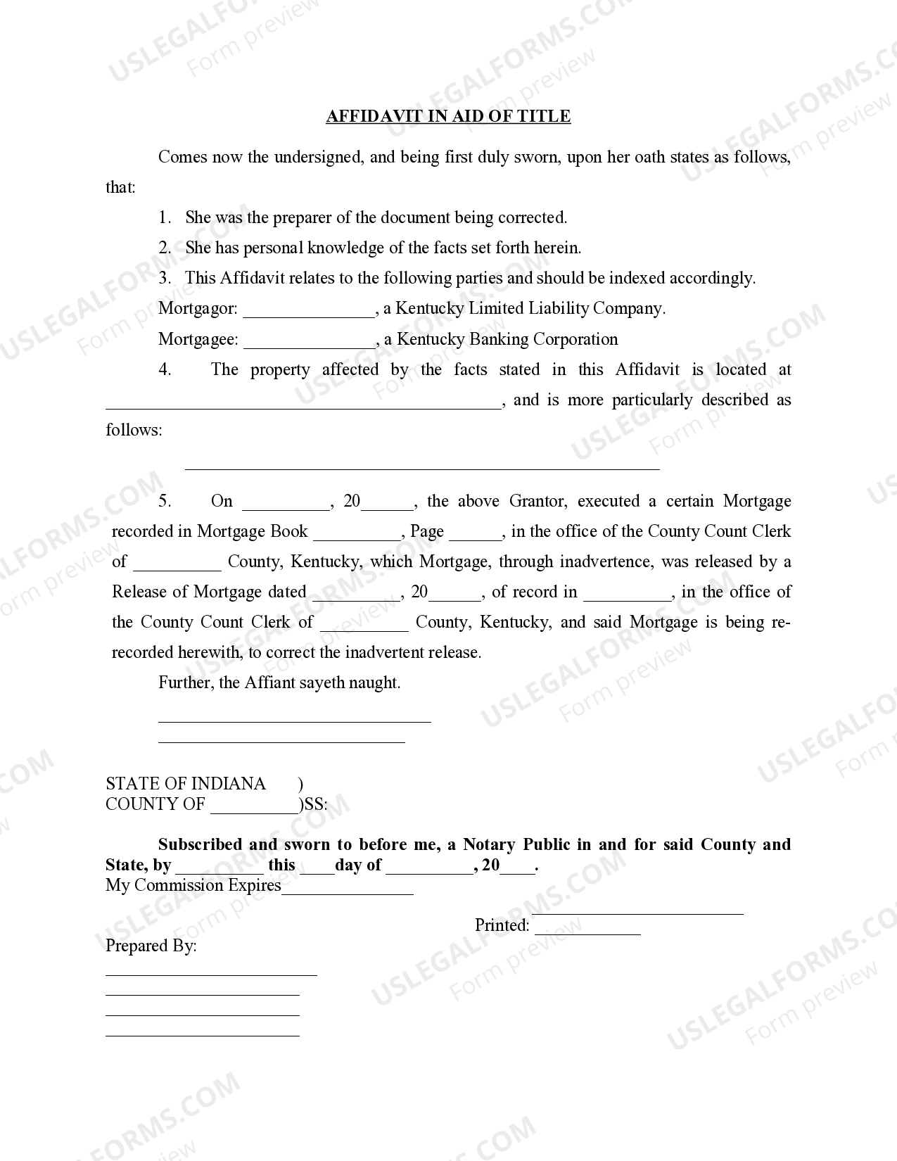 Kentucky Affidavit in Aid of Title - Affidavit In Support Of Title In ...