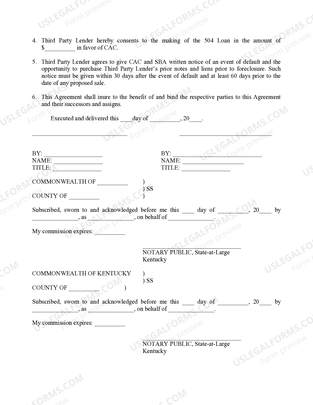 Kentucky Third Party Lender Agreement | US Legal Forms