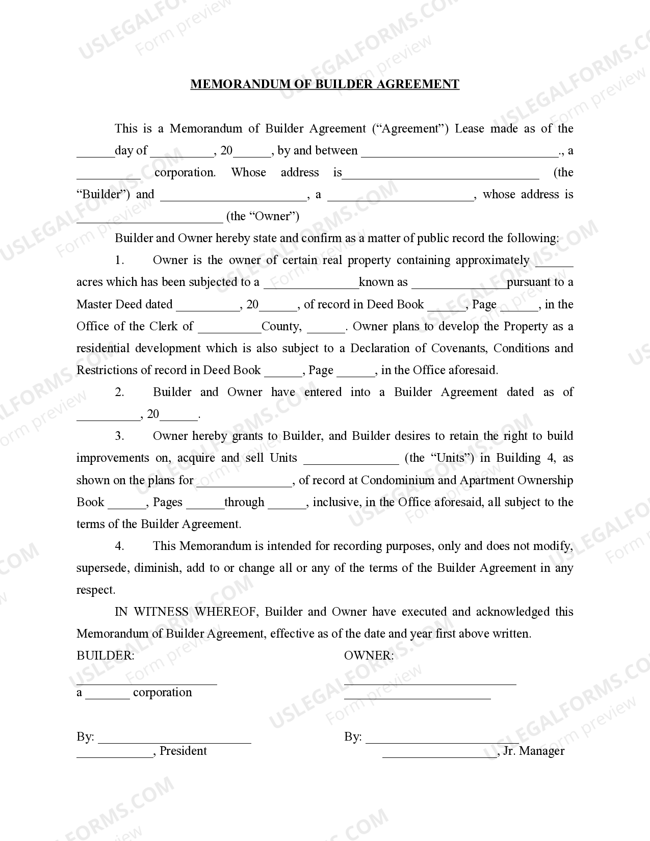 Kentucky Memorandum Of Builder Agreement | US Legal Forms