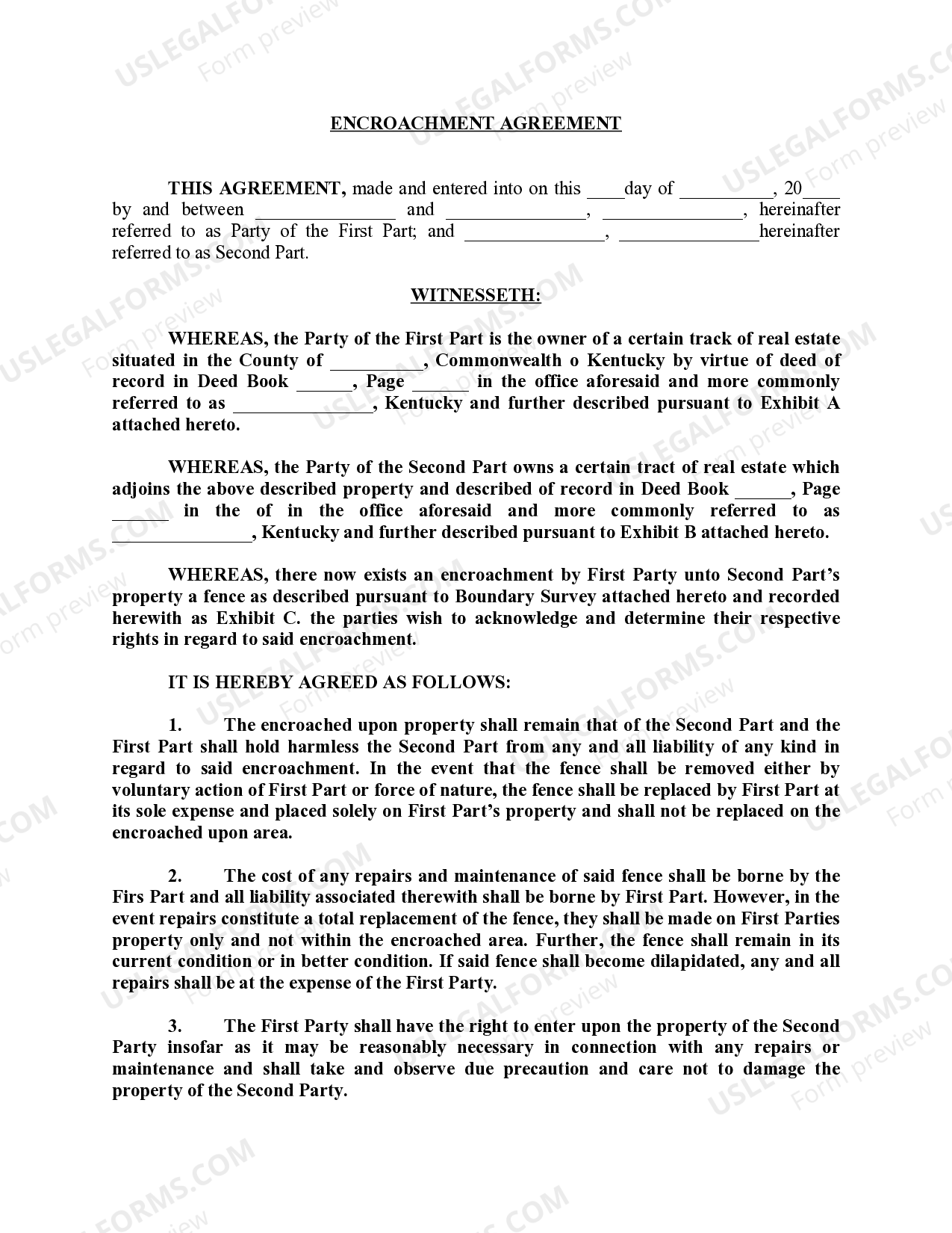 Kentucky Encroachment Agreement | US Legal Forms