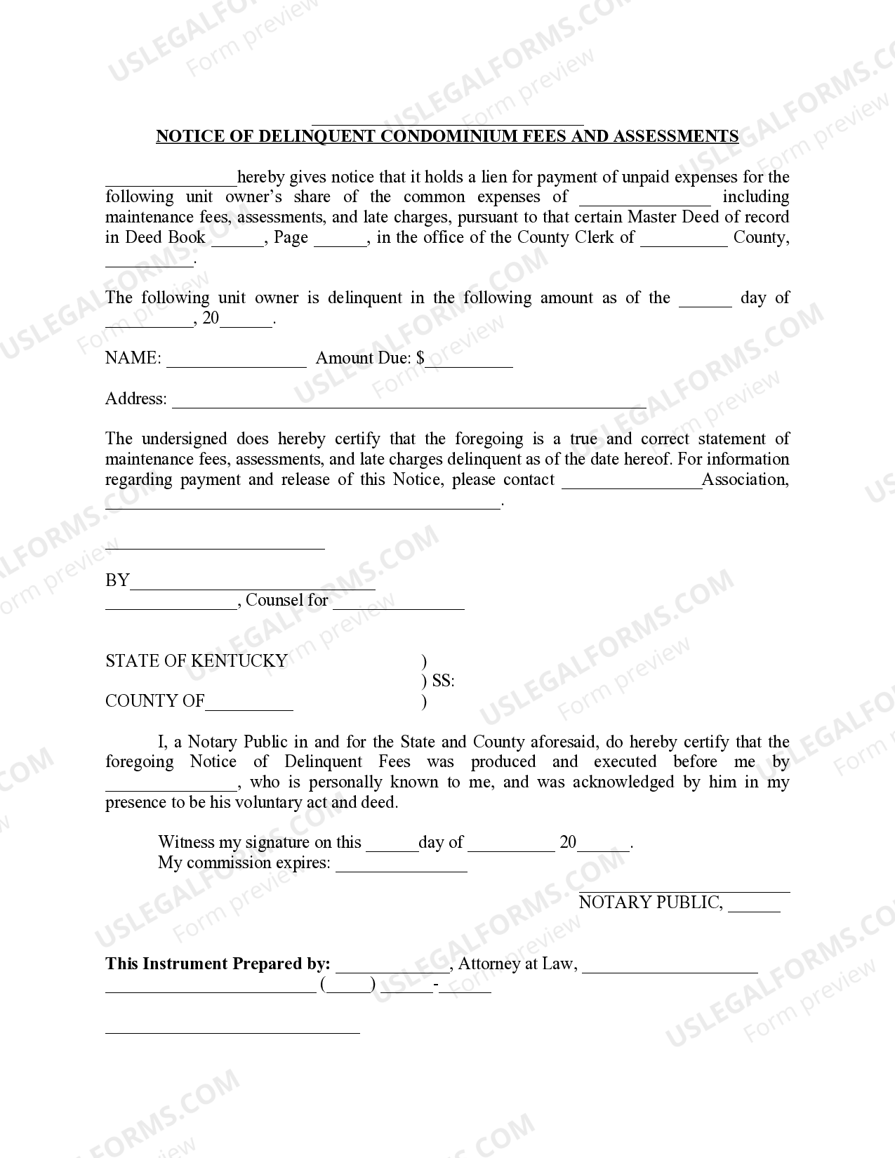 Kentucky Notice of Delinquent Condominium Fees and Assessments | US ...