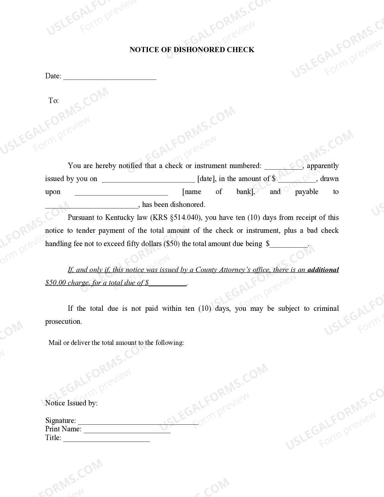 Kentucky Notice of Dishonored Check - Criminal - Keywords: bad check ...
