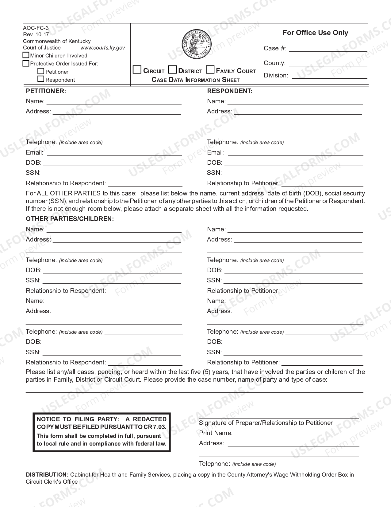 Kentucky Case Data Information Sheet | US Legal Forms