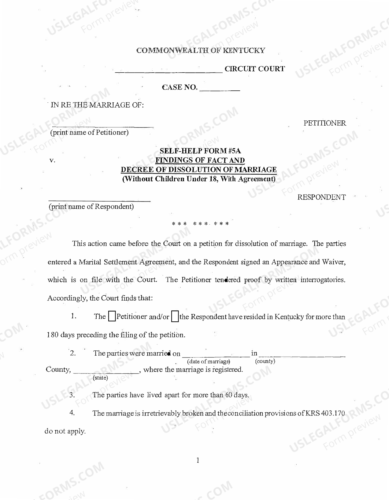 Kentucky Findings of Fact and Decree of Dissolution of Marriage | US ...