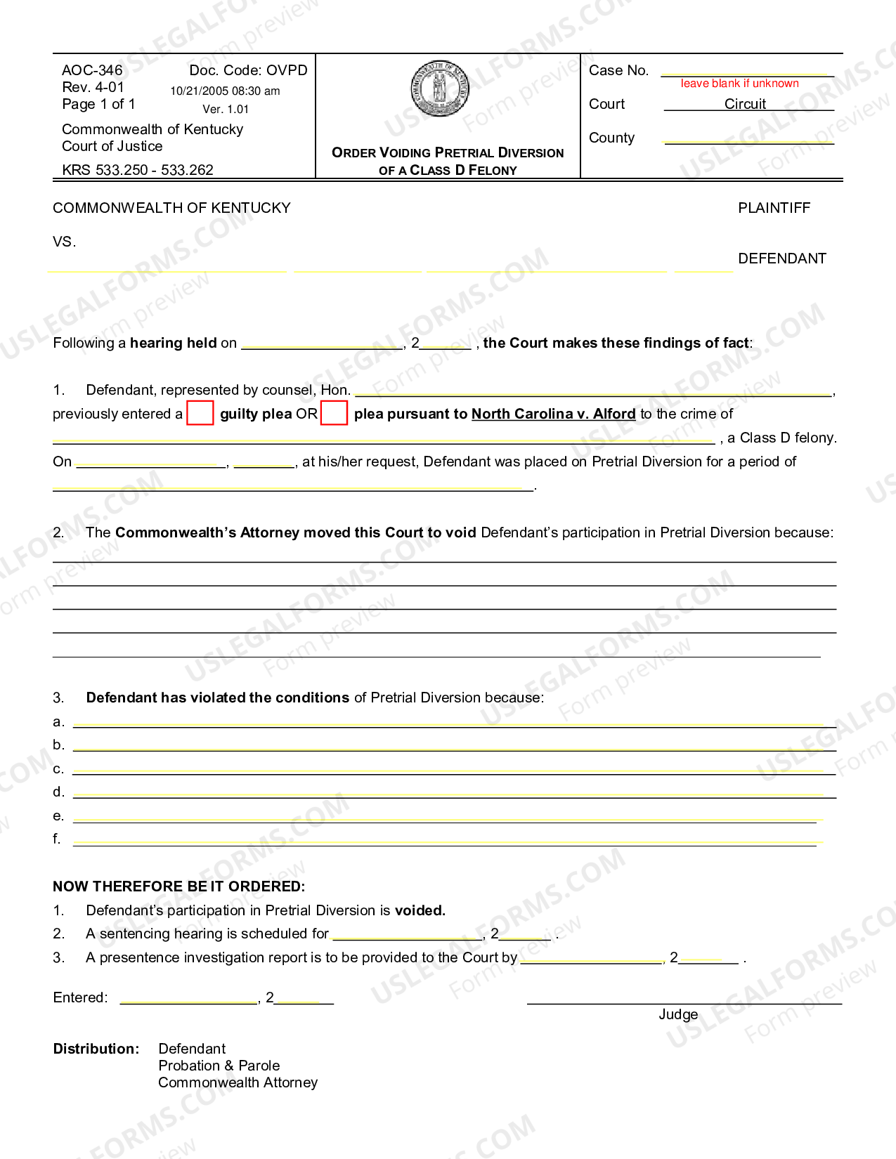 Kentucky Order Voiding Pretrial Diversion of a Class D Felony ...