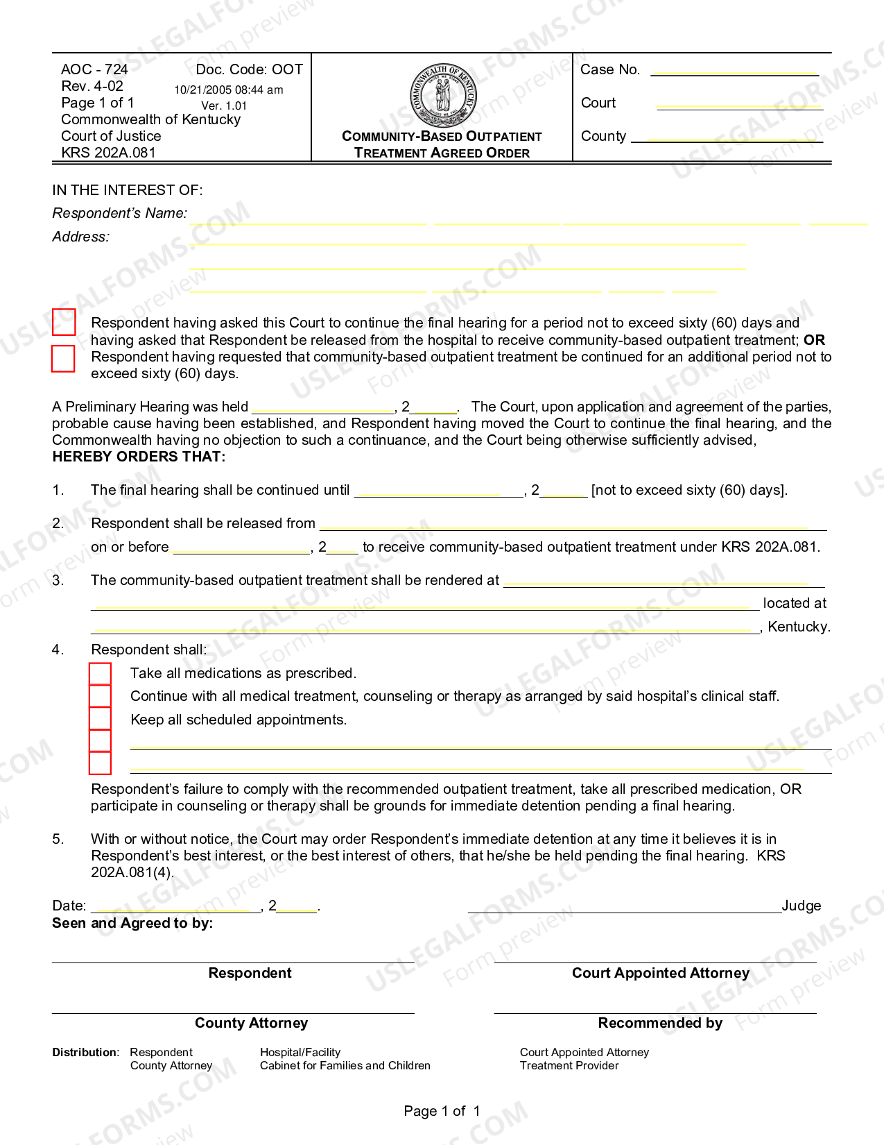 Kentucky Community-Based Outpatient Treatment Agreed Order | US Legal Forms