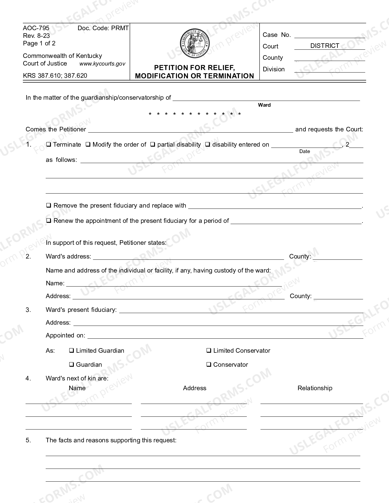 Kentucky Petition for Relief, Modification or Termination | US Legal Forms
