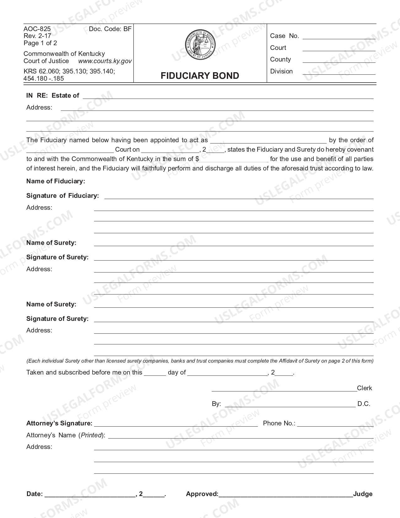 Kentucky Fiduciary Bond - Aoc 825 | US Legal Forms