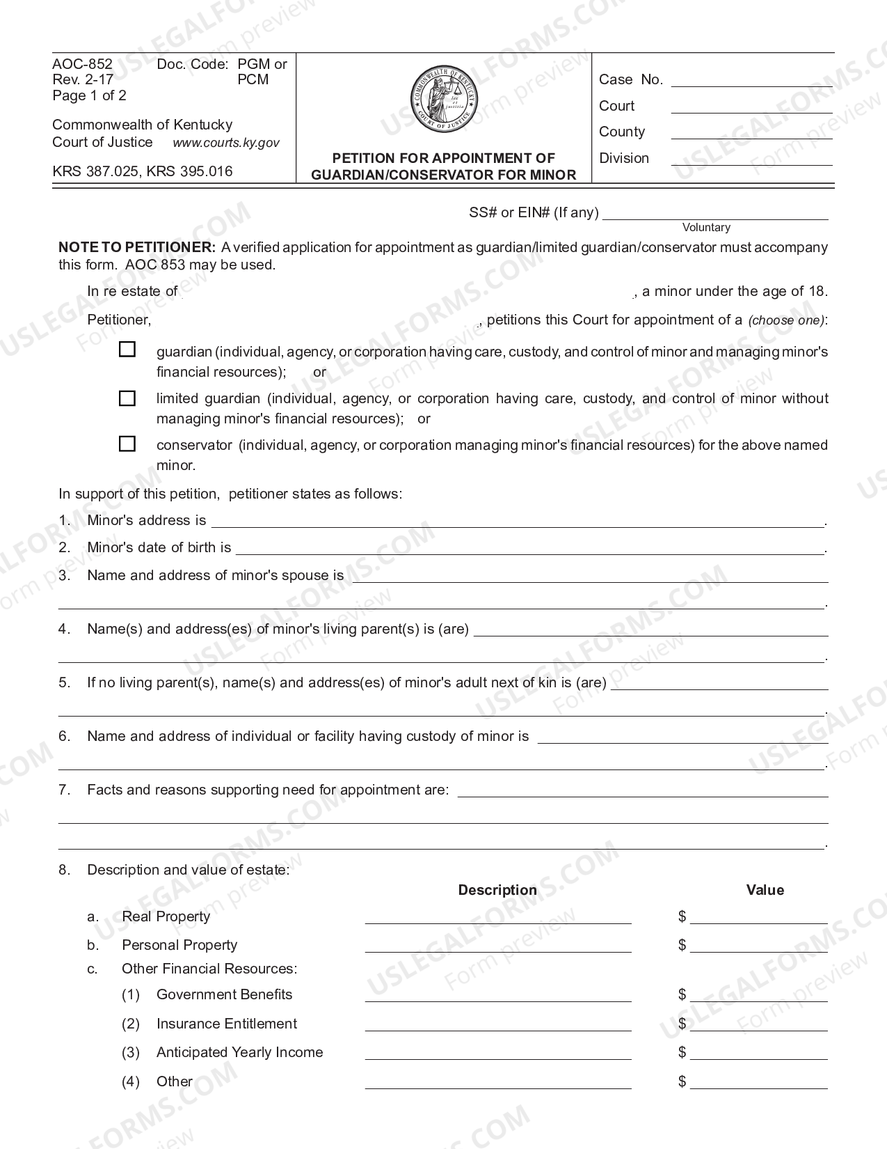 Kentucky Petition for Appointment of Guardian Conservator for Minor ...