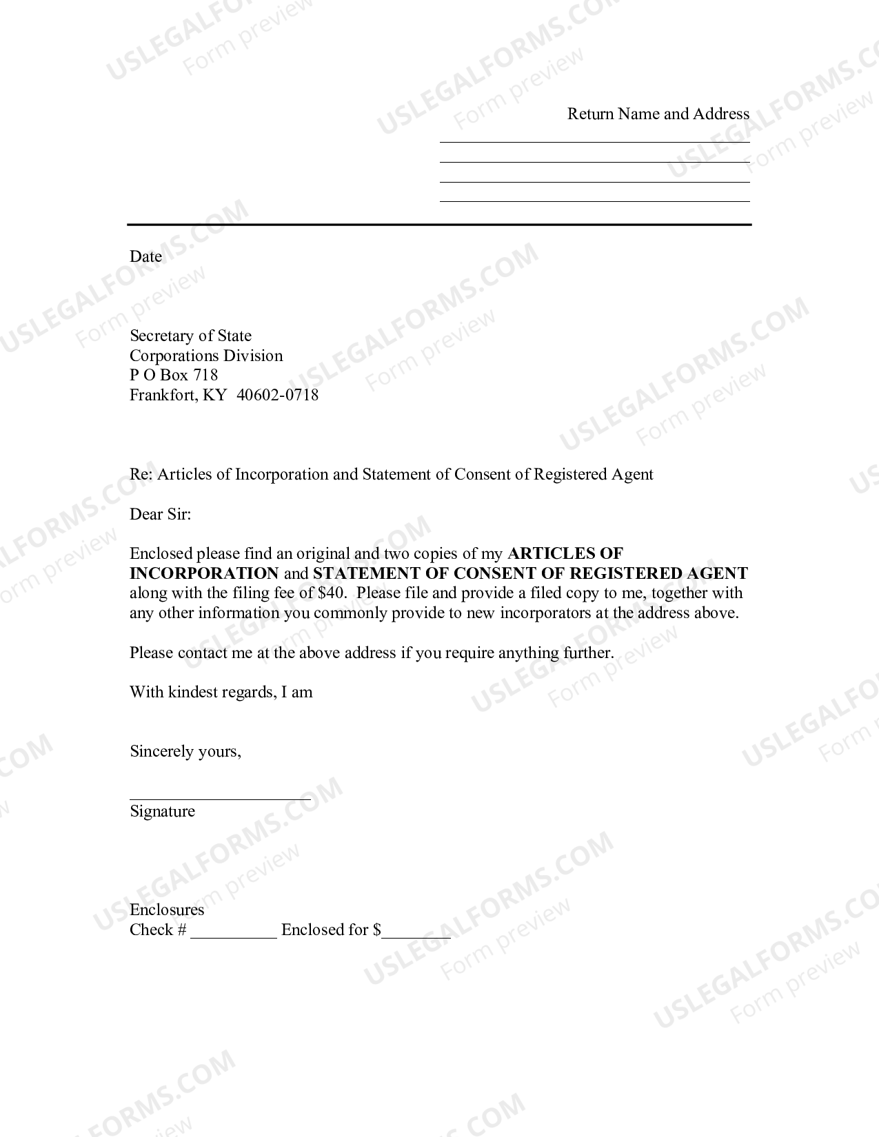Sample Transmittal Letter to Secretary of State's Office to File ...