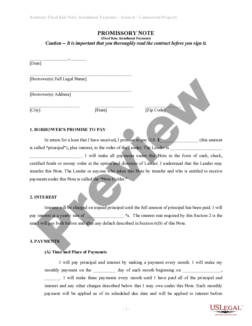 Kentucky Installments Fixed Rate Promissory Note Secured By Commercial