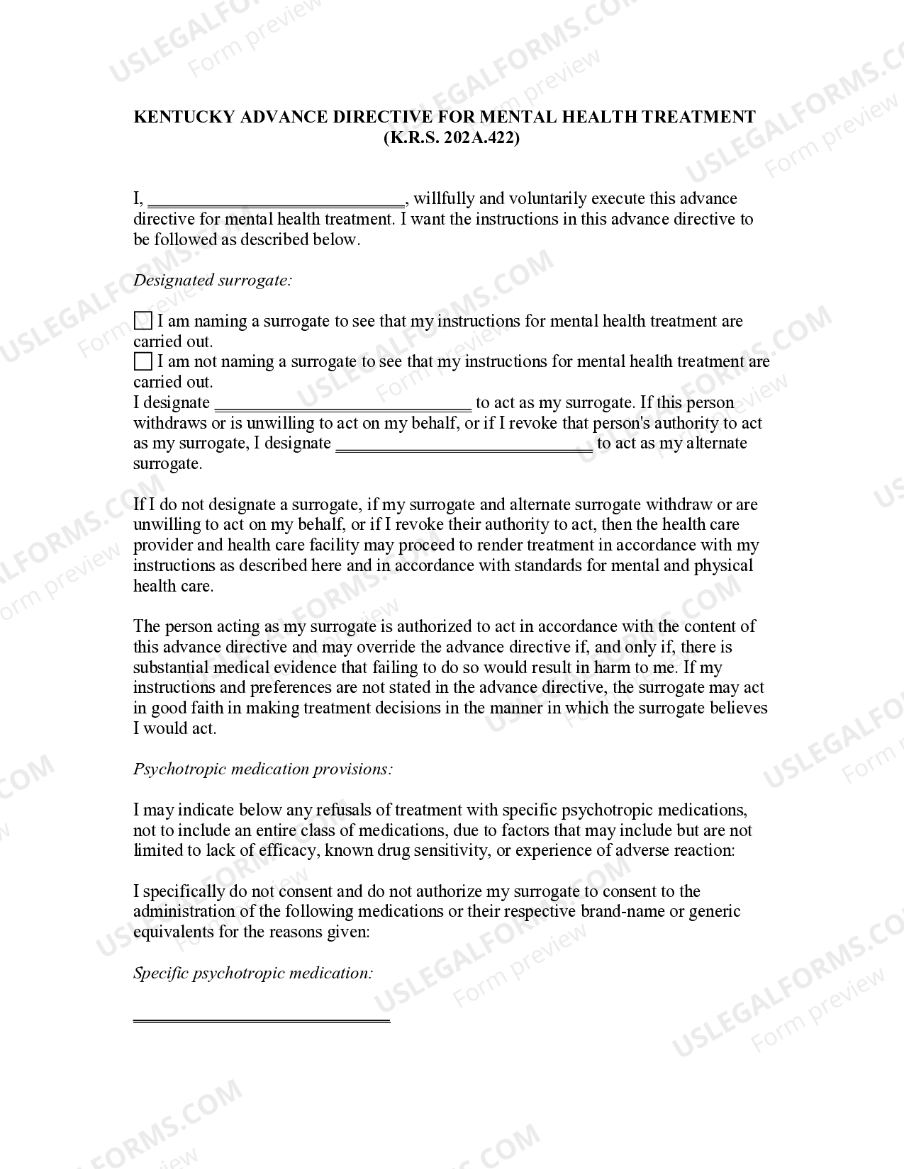 Kentucky Statutory Advance Directive for Mental Health Care - Directive ...