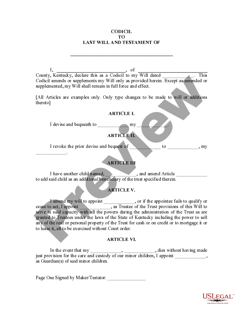 Kentucky Codicil To Will Form For Amending Your Will Codicil To Will 