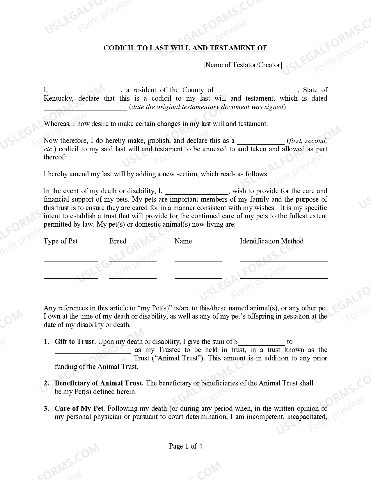 Kentucky Codicil to Will Form for Amending Your Will - Codicil Form ...