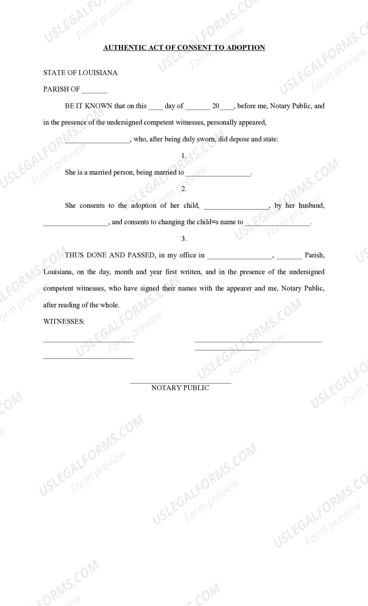 Louisiana Mother's Authentic Act of Consent to Adoption - Authentic Act ...